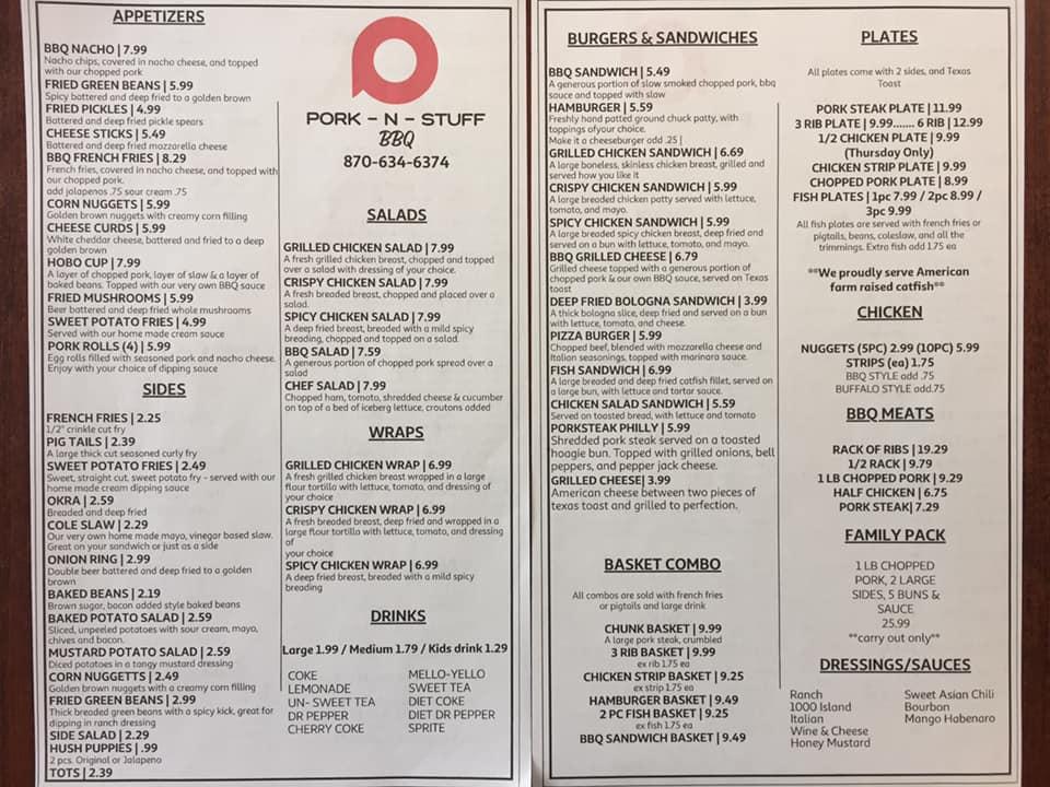 Menu at Pork - N - Stuff BBQ, Piggott