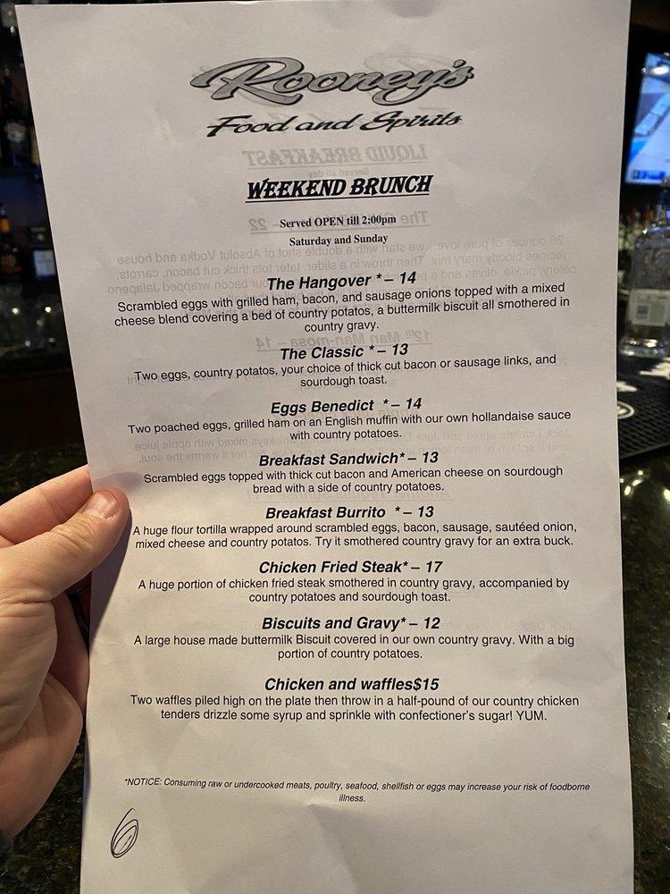 Menu at Rooney's Food and Spirits pub & bar, Woodinville