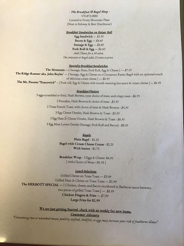 Menu at The Breakfast and Bagel Shop cafe, Albrightsville