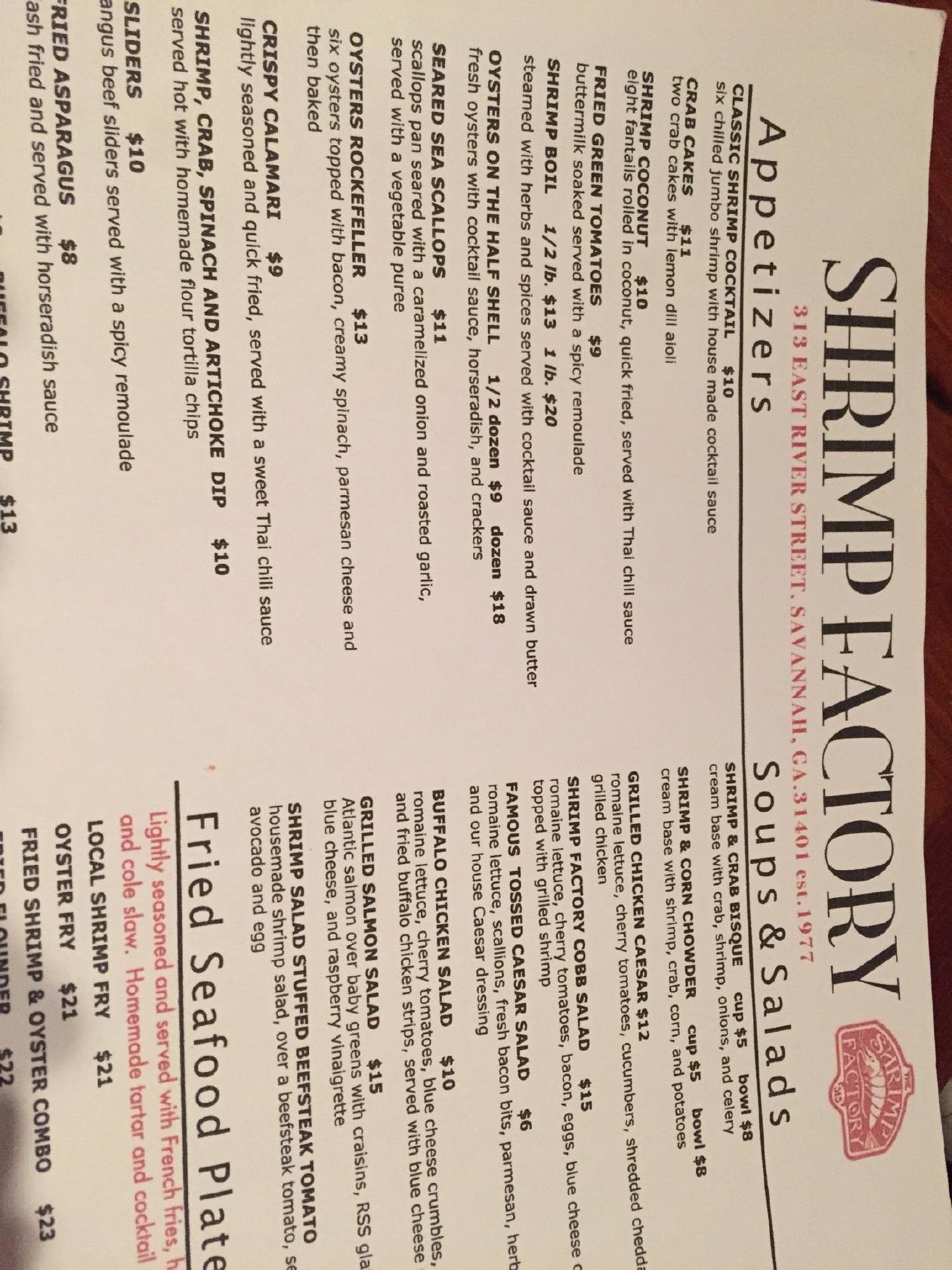 Menu at The Shrimp Factory restaurant, Savannah