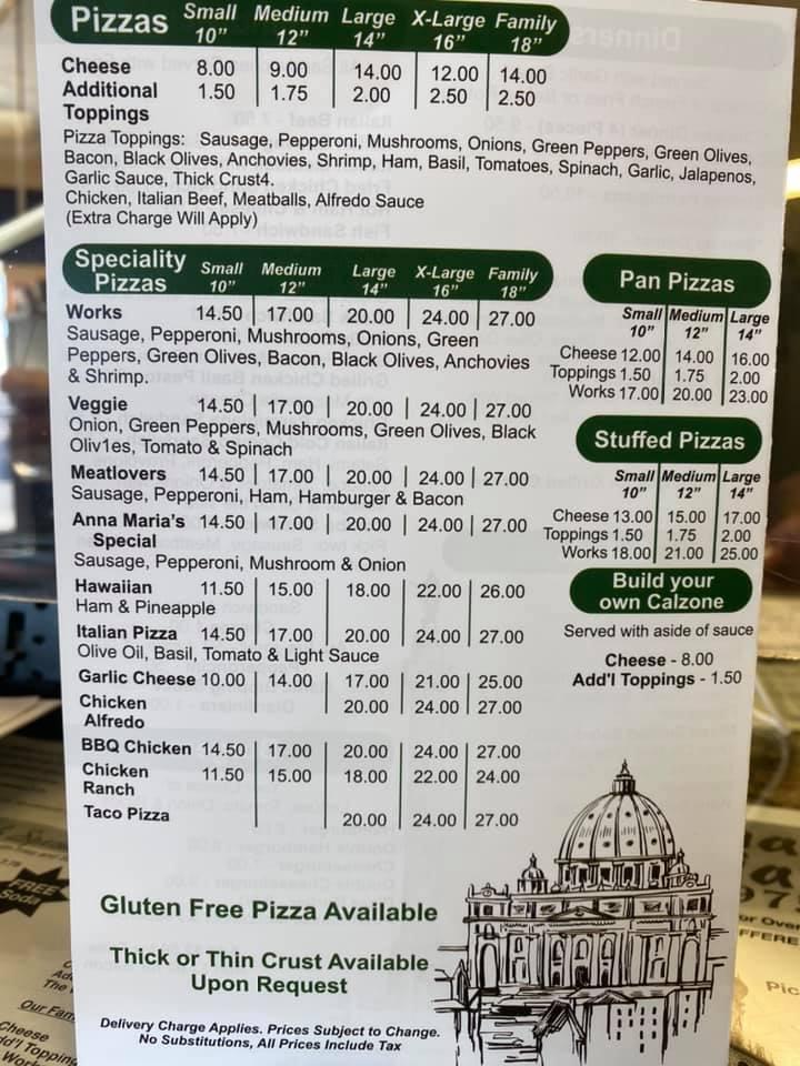 Menu at Anna Maria's II In Roscoe pizzeria, Roscoe