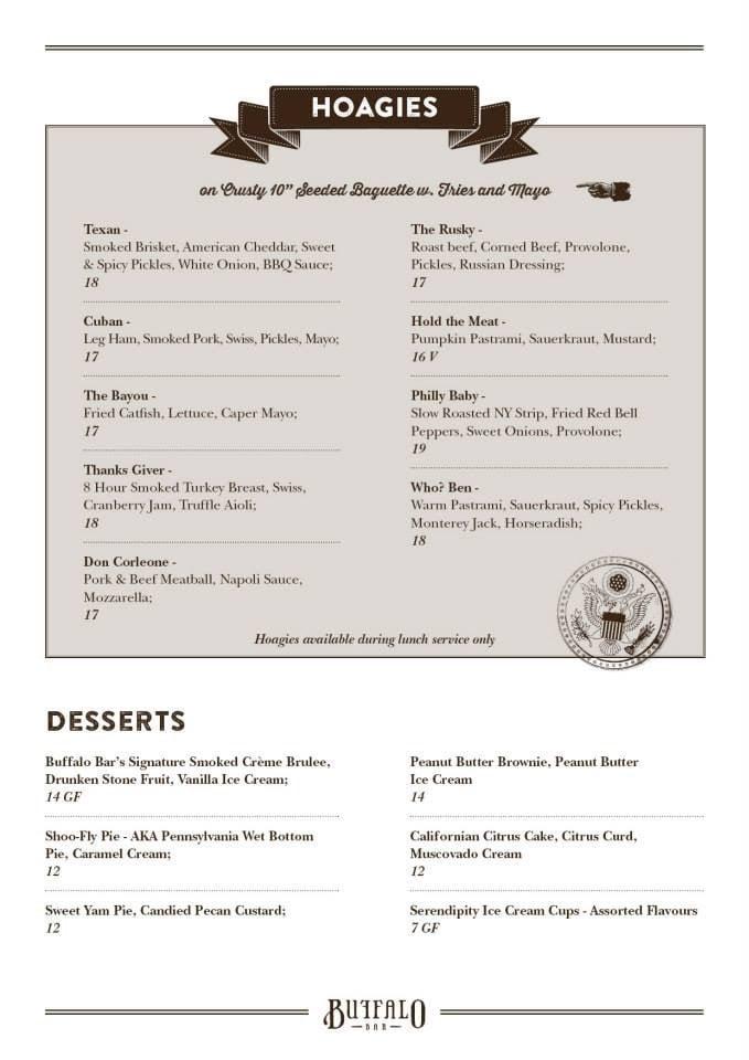 Menu at Buffalo Bar, Brisbane City