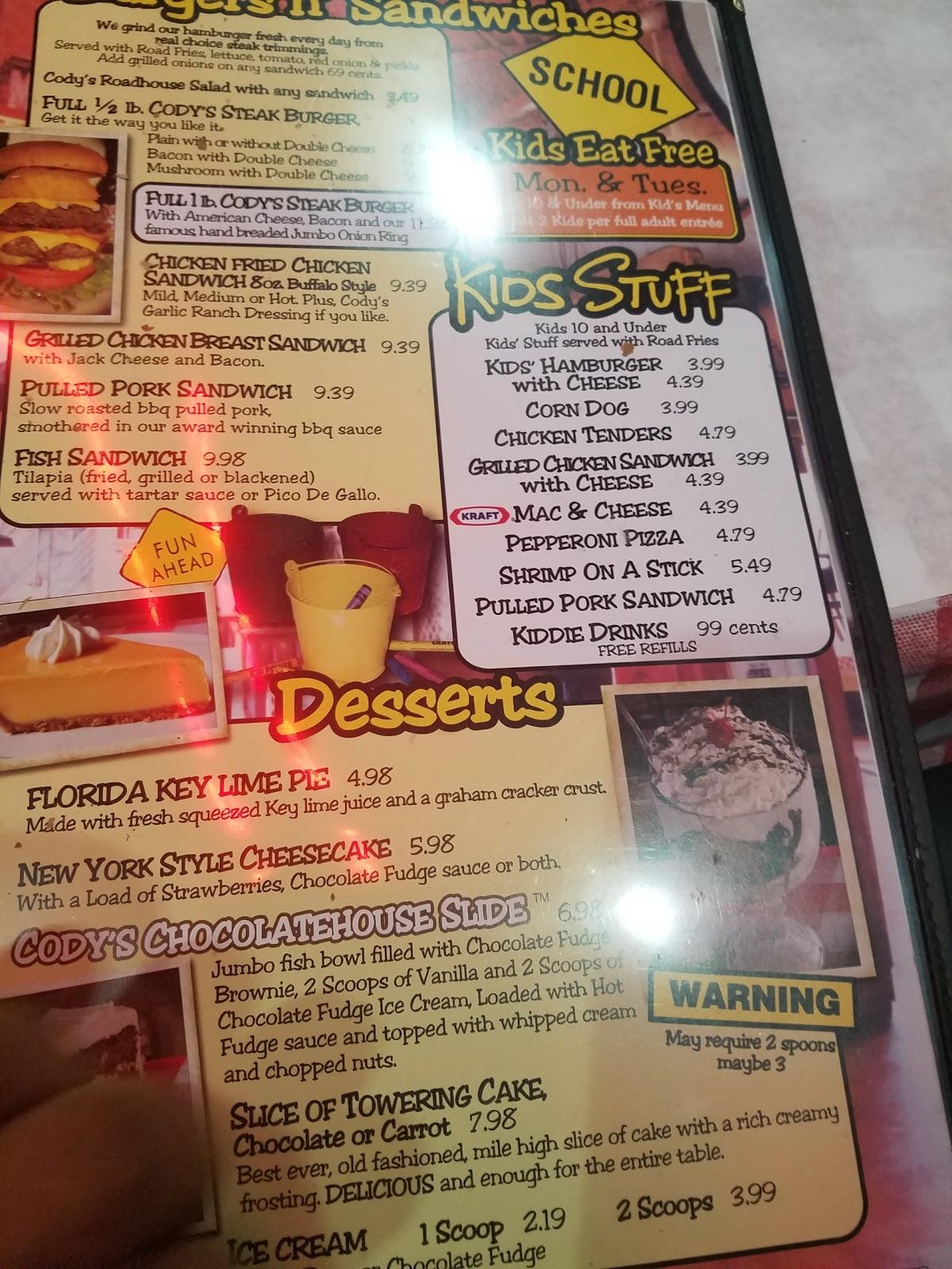 Menu at Cody's Original Roadhouse - Sebring pub & bar, Sebring