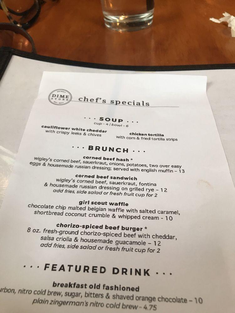 Menu at Dime Store restaurant, Detroit