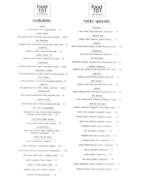 Menu at Food 101 Bar & Bistro, South Hadley