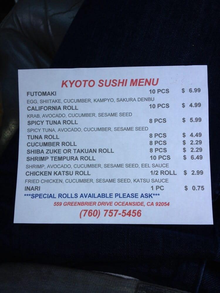 Menu at Kyoto Gift and Food restaurant, Oceanside