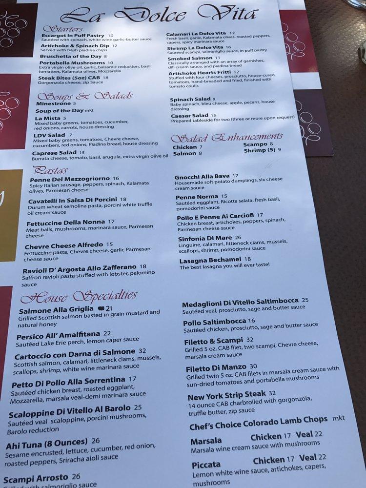 Menu at La Dolce Vita Detroit restaurant, Detroit