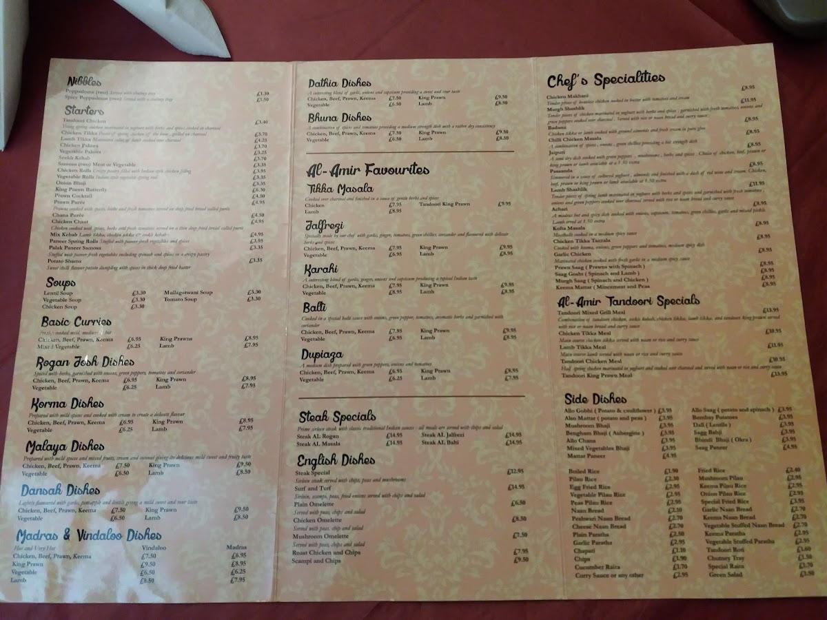 Menu at Al Amir restaurant, Blackpool