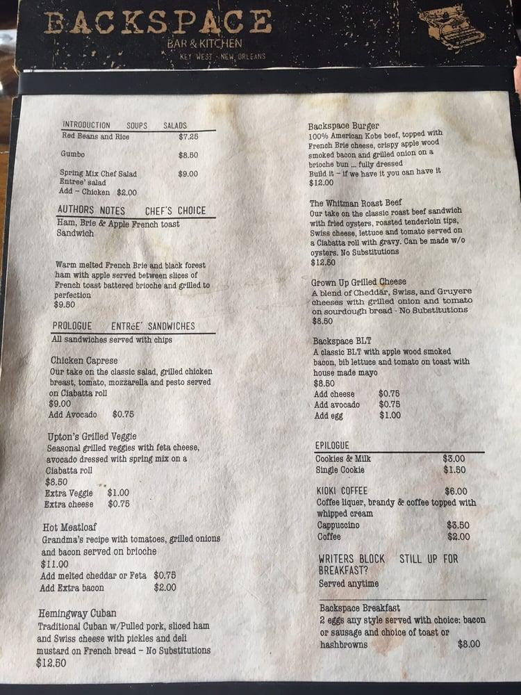 Menu at Backspace Bar & Kitchen, New Orleans