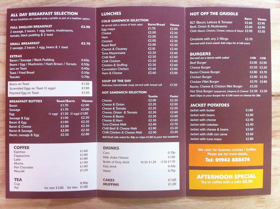 Menu at Cafe Elliott, Tyldesley