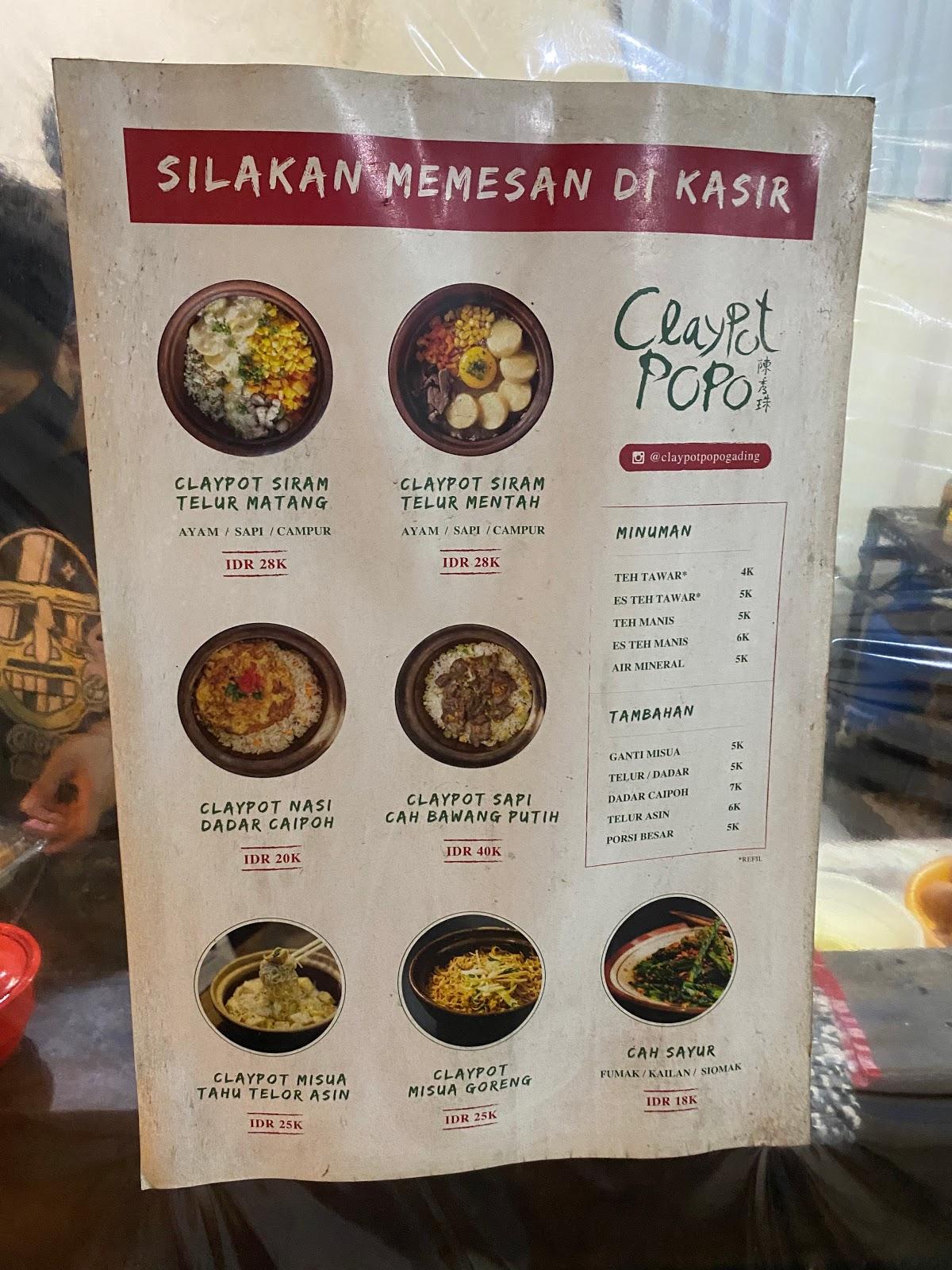 Menu at Claypot Popo Kelapa Gading restaurant, North Jakarta, Jl ...