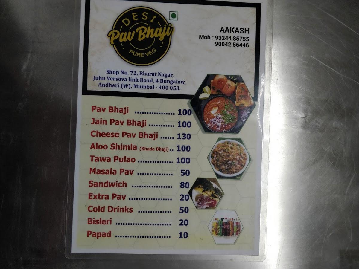 Menu at Desi Pav Bhaji, Mumbai