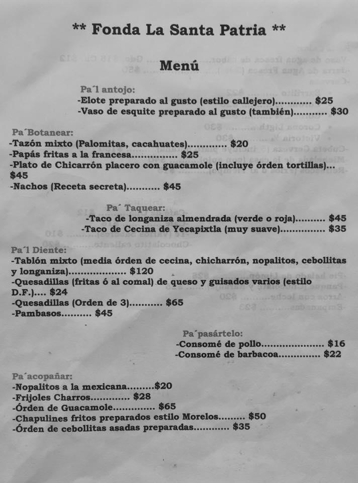 Menu at Fonda Santa Patria restaurant, Dolores Hidalgo