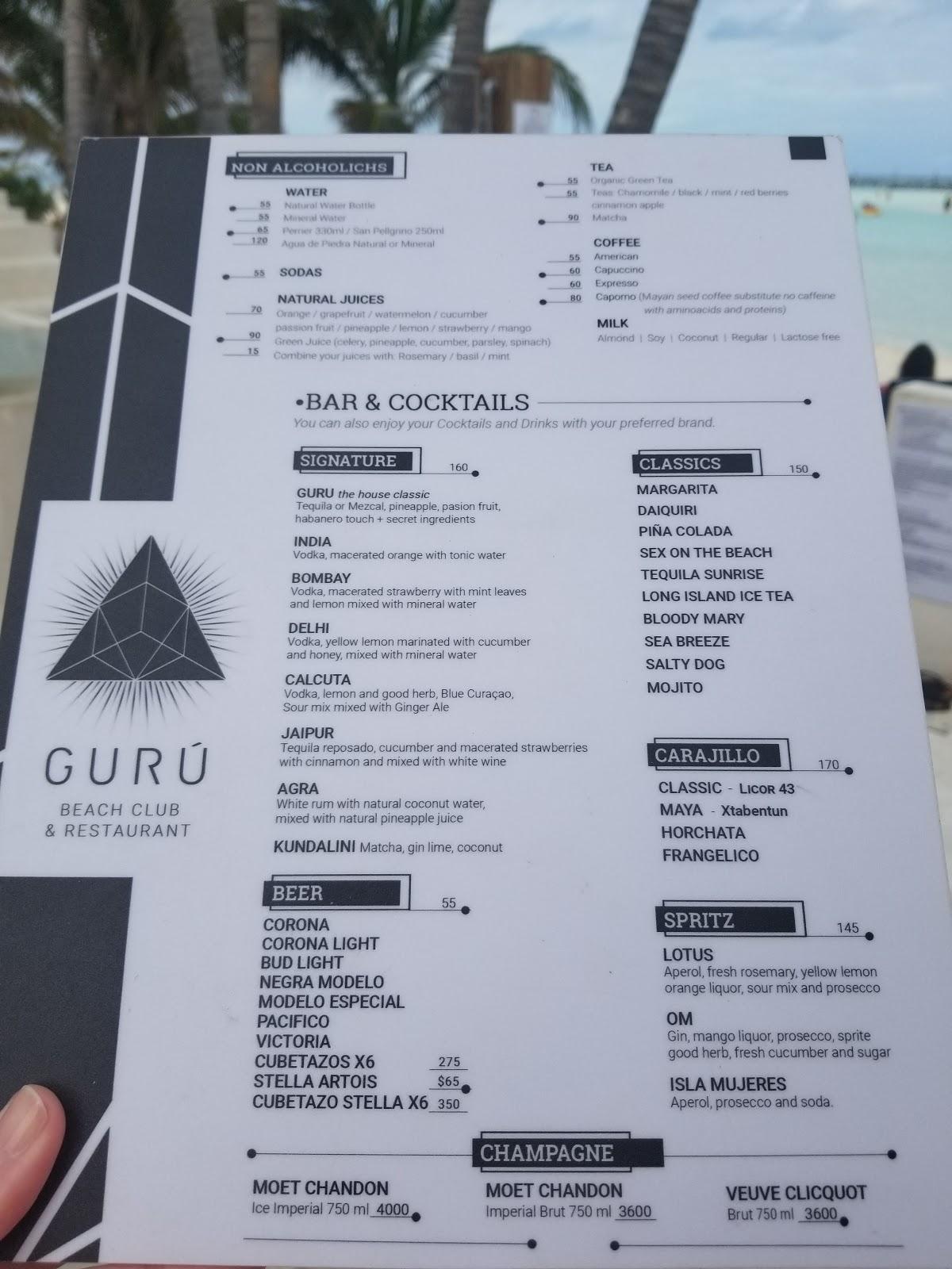 Menu at Guru Beach Club & Restaurant, Isla Mujeres