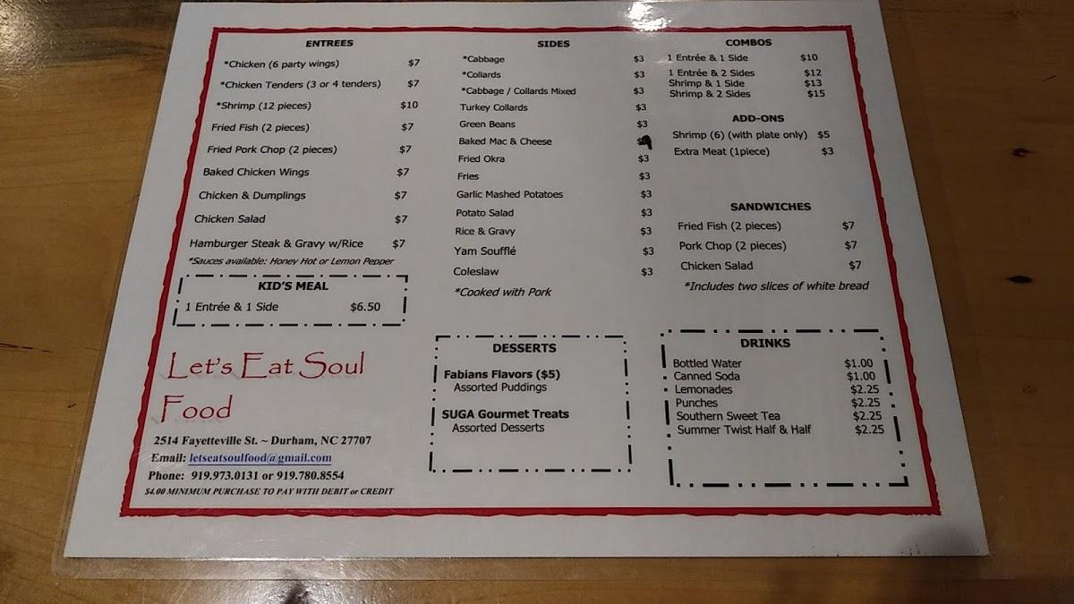 Carta del restaurante Let's Eat Soul Food, Durham