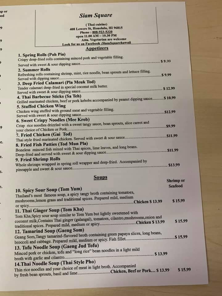 Menu at Siam Square restaurant, Honolulu