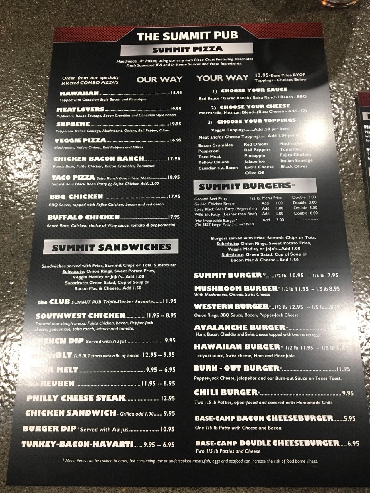 Menu at The Summit Pub, Puyallup, Canyon Rd E Suite #14
