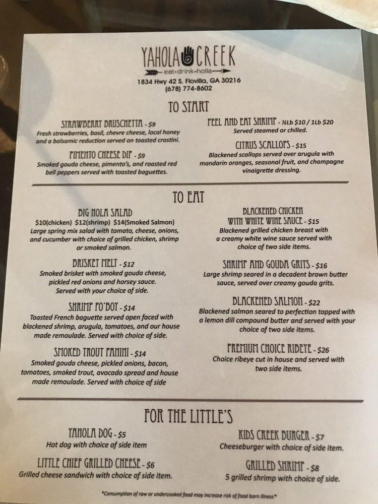 Menu at Yahola Creek Restaurant, Flovilla