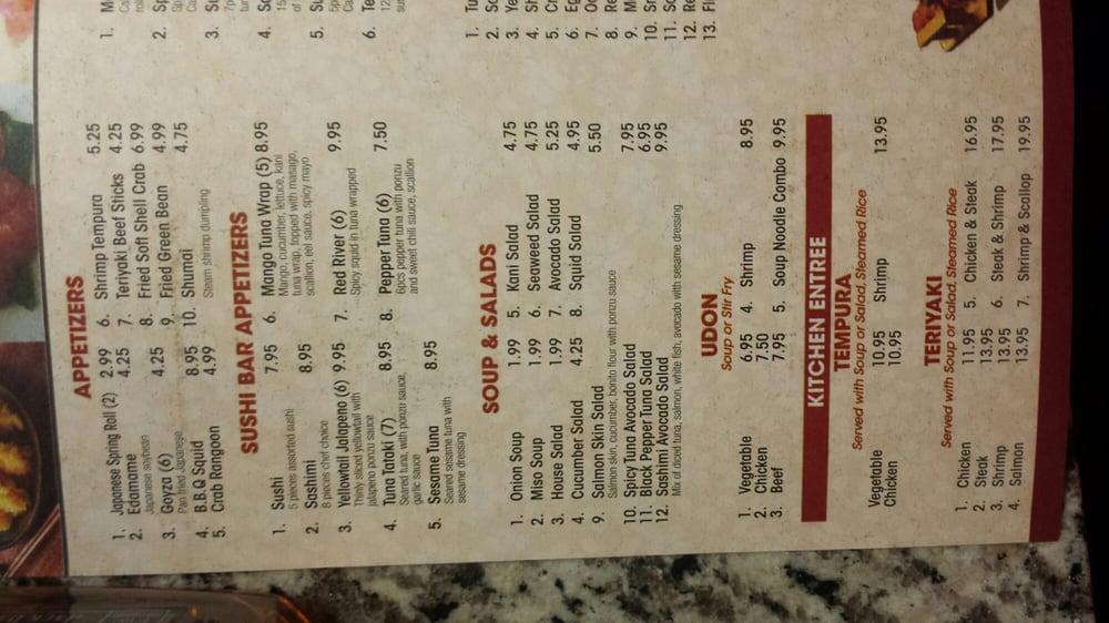 Menu at Yamazaki Sushi and Hibachi restaurant, Columbus