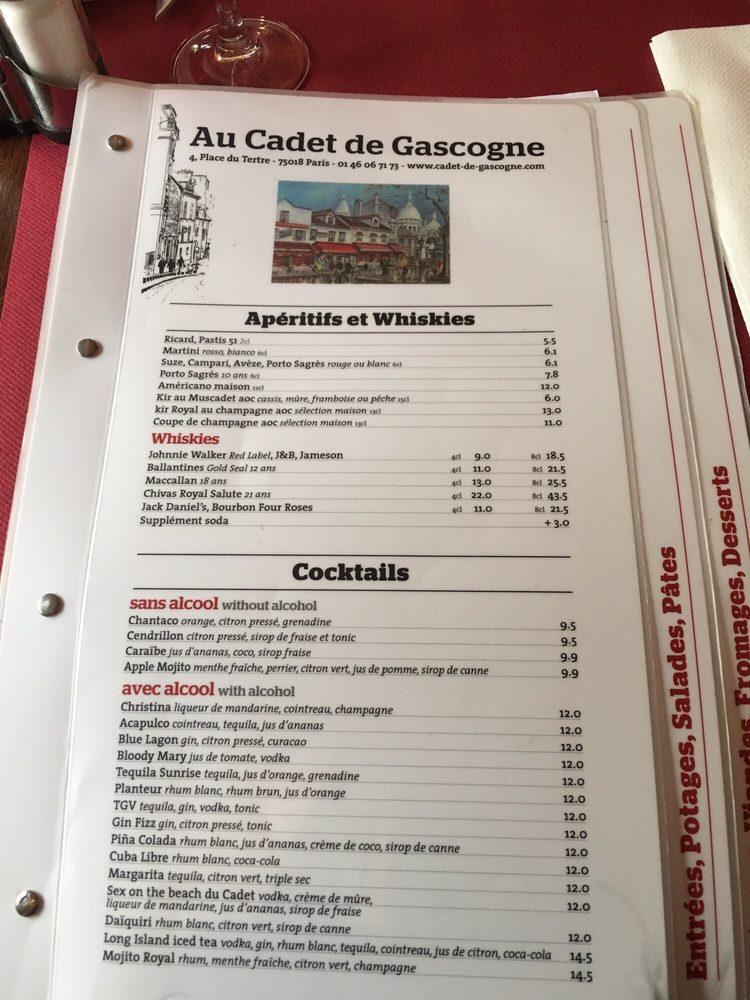 Menu at Au Cadet de Gascogne restaurant, Paris, 4 Pl. du Tertre