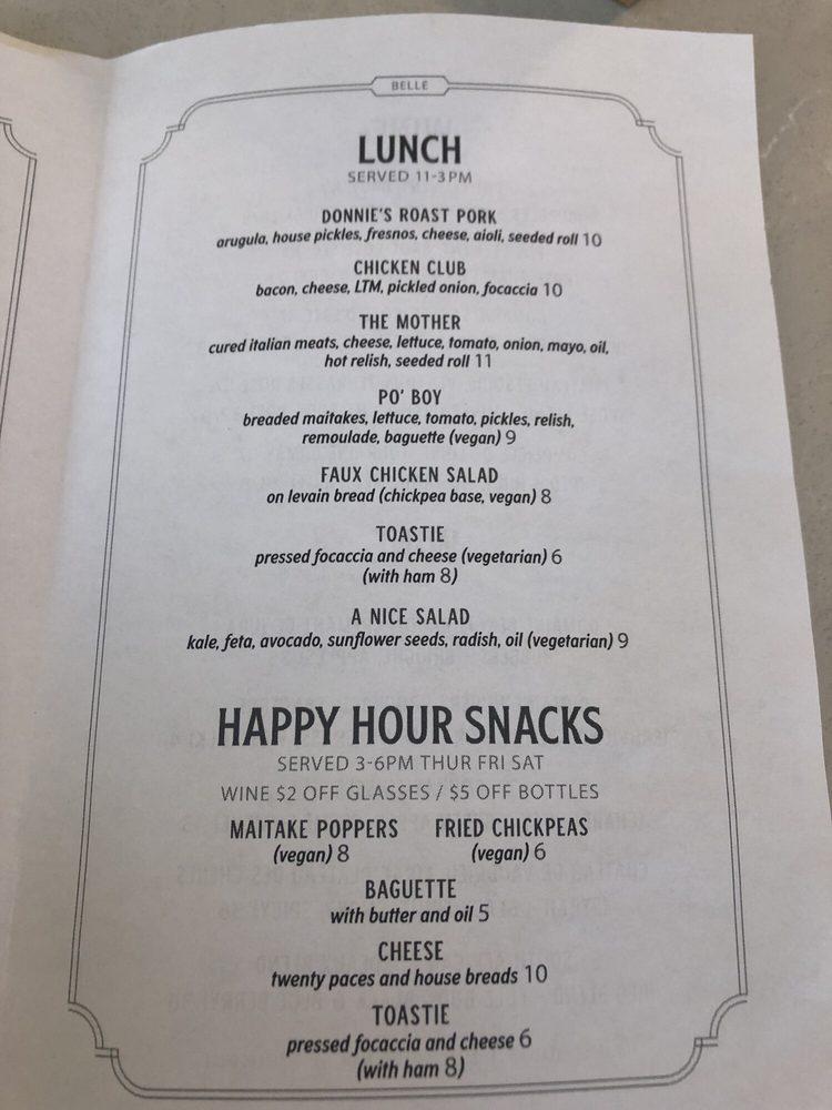 Menu at Belle restaurant, Charlottesville