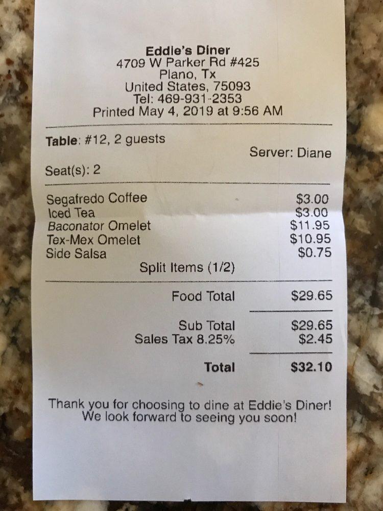 Menu at Eddie's Diner restaurant, Plano