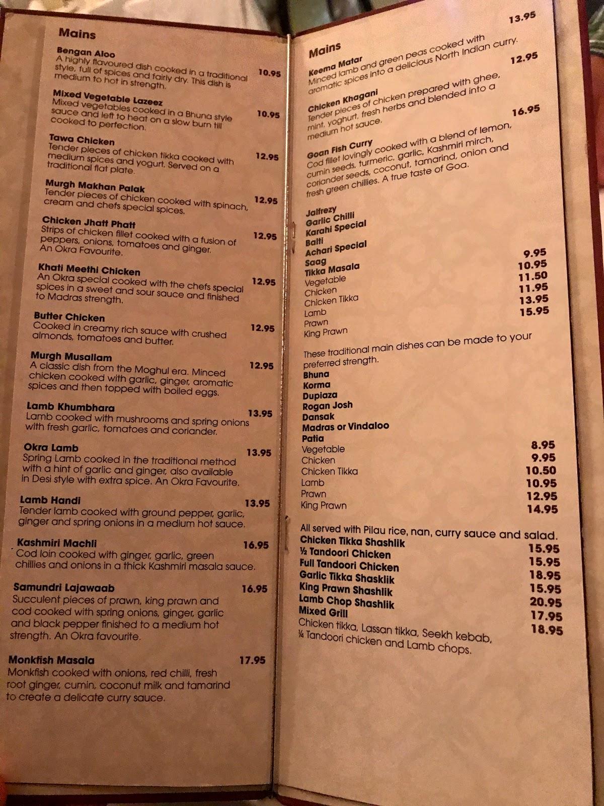 Menu at Okra Indian Restaurant, Derby, 5 Friar Gate
