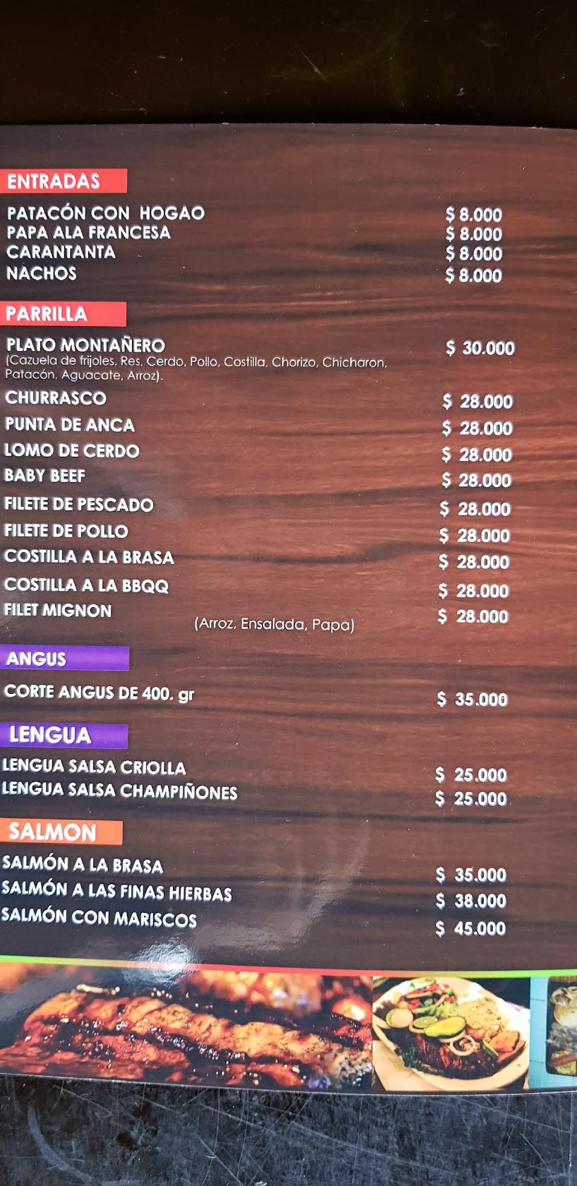Carta de La Parrillada De Pablo, Popayán, Cl. 8 Nte. #11-16
