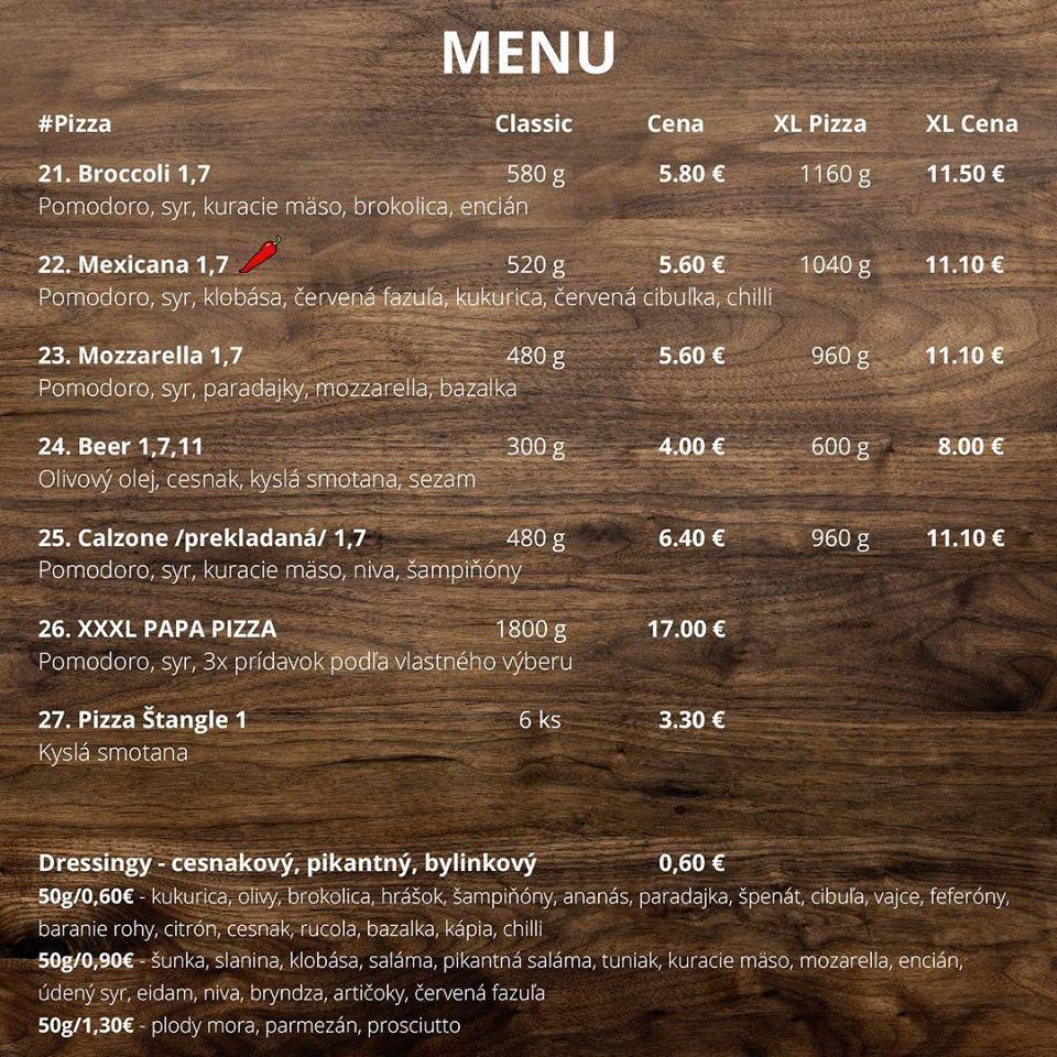 Menu at Papa pizza restaurant, Nová Dubnica