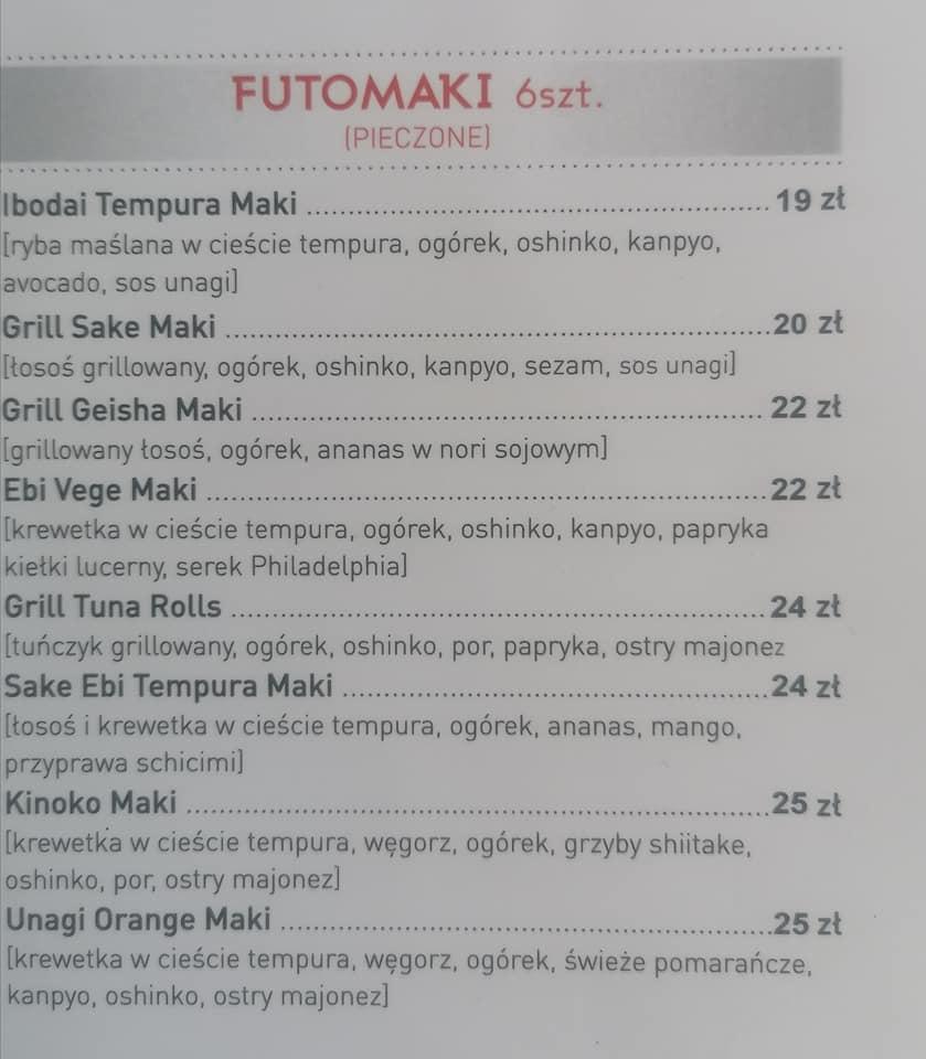 Menu at Yakuza Sushi restaurant, Warsaw, Łojewska 11