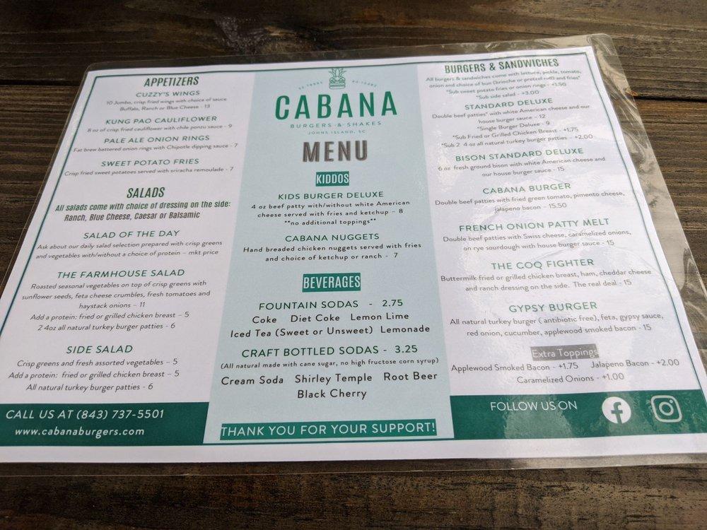 Menu at Cabana Burgers & Shakes restaurant, Johns Island