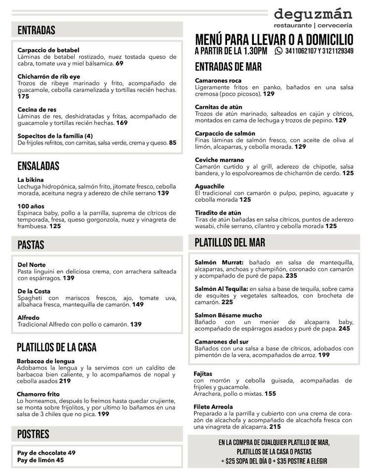 Carta del restaurante Deguzmán, Ciudad Guzmán