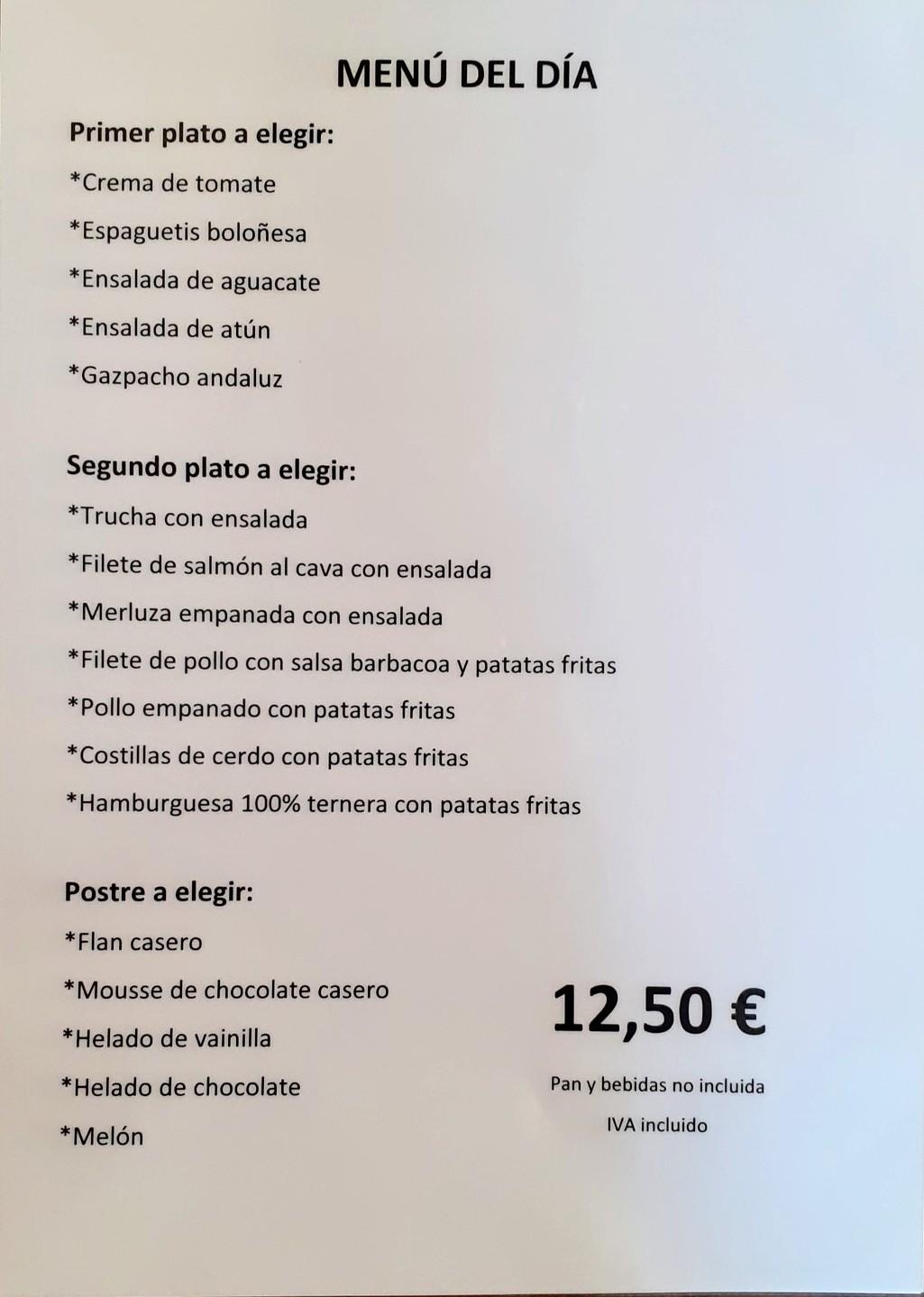 Menu at El Capricho restaurant, Mijas
