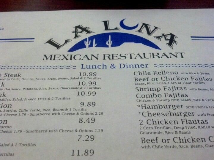 Menu at La Luna Mexican restaurant, West Jordan
