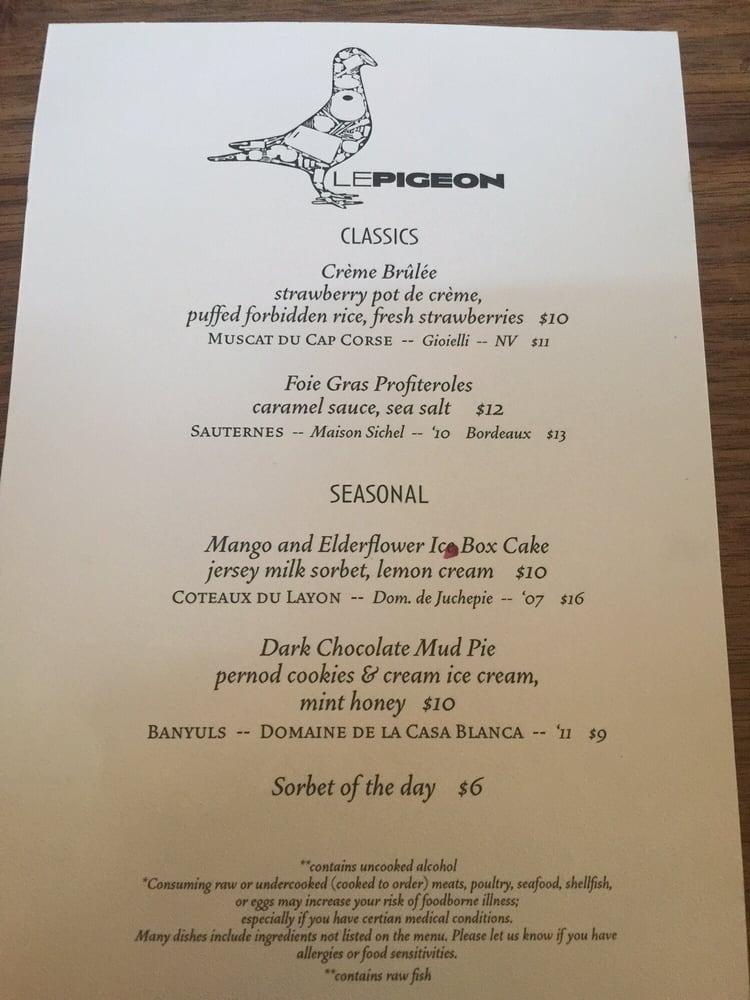 Menu at Le Pigeon restaurant, Portland