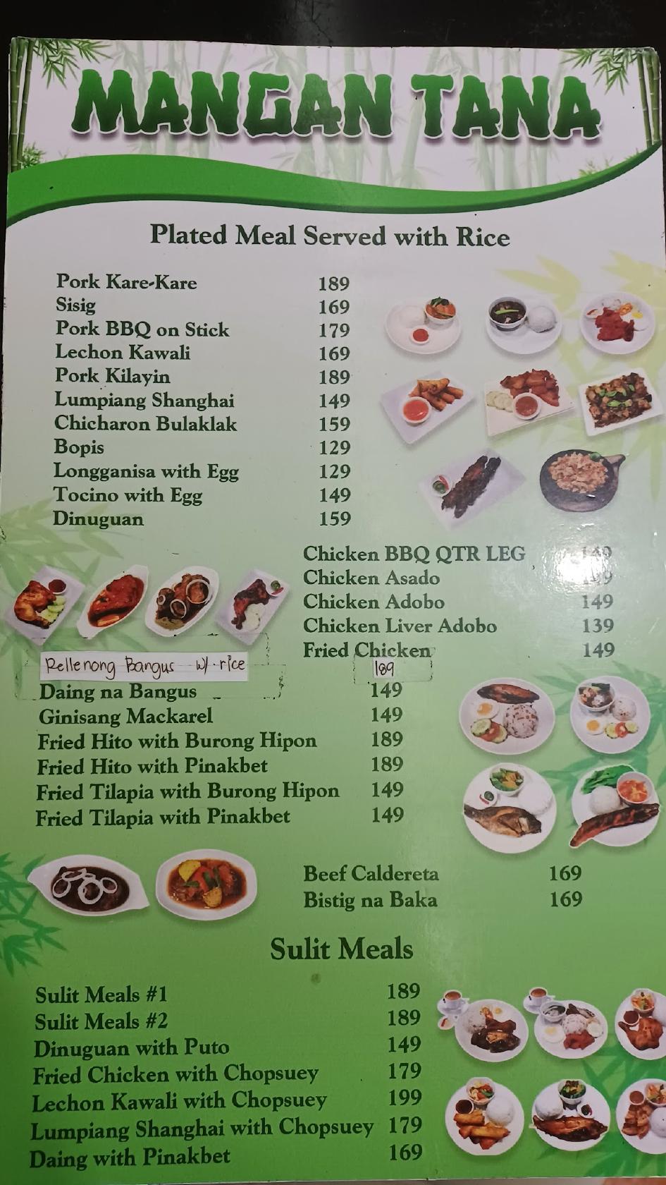 Carta del restaurante Mangan Tana, Mexico