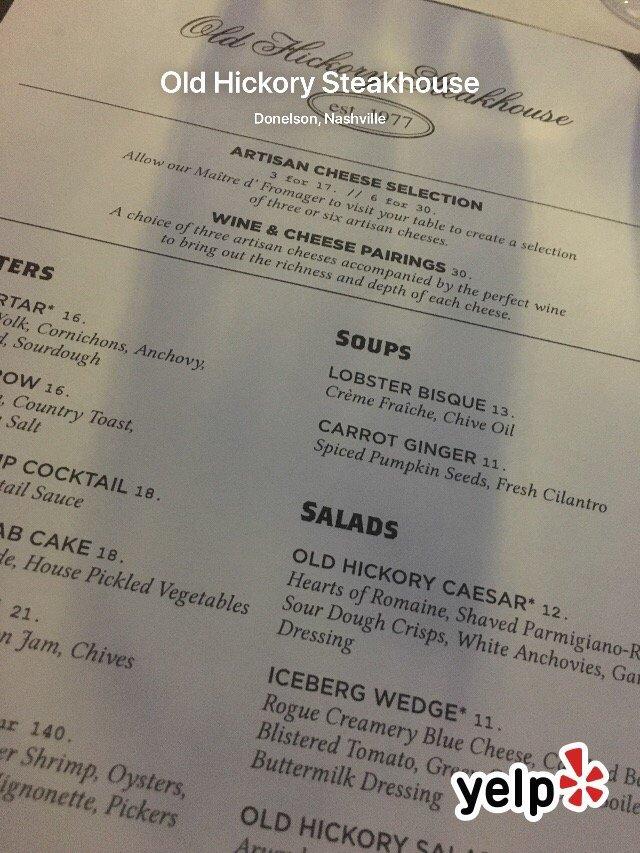 Menu at Old Hickory Steakhouse, Nashville, Opryland Dr