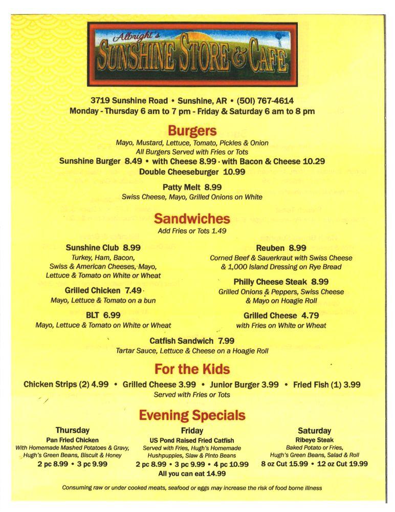 Menu at Sunshine Store & Cafe, USA, Sunshine Rd
