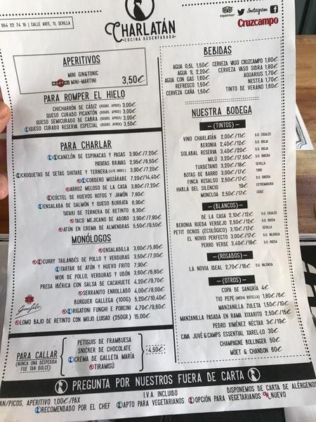 Menu at Charlatán Cocina Desenfadada pub & bar, Seville