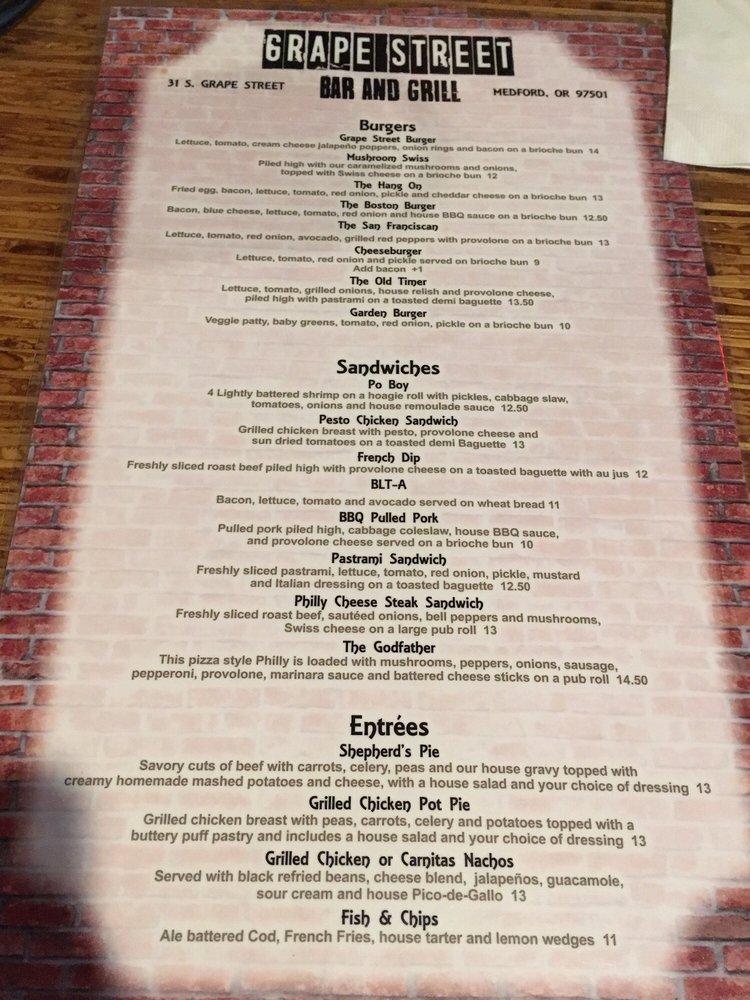 Menu at Grape Street Bar & Grill, Medford