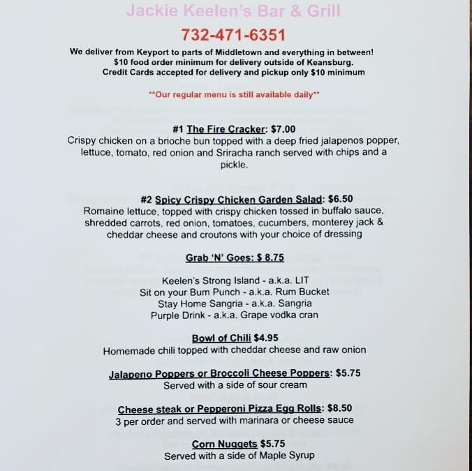 Menu at Jackie Keelen's Bar & Liquor Store, Keansburg