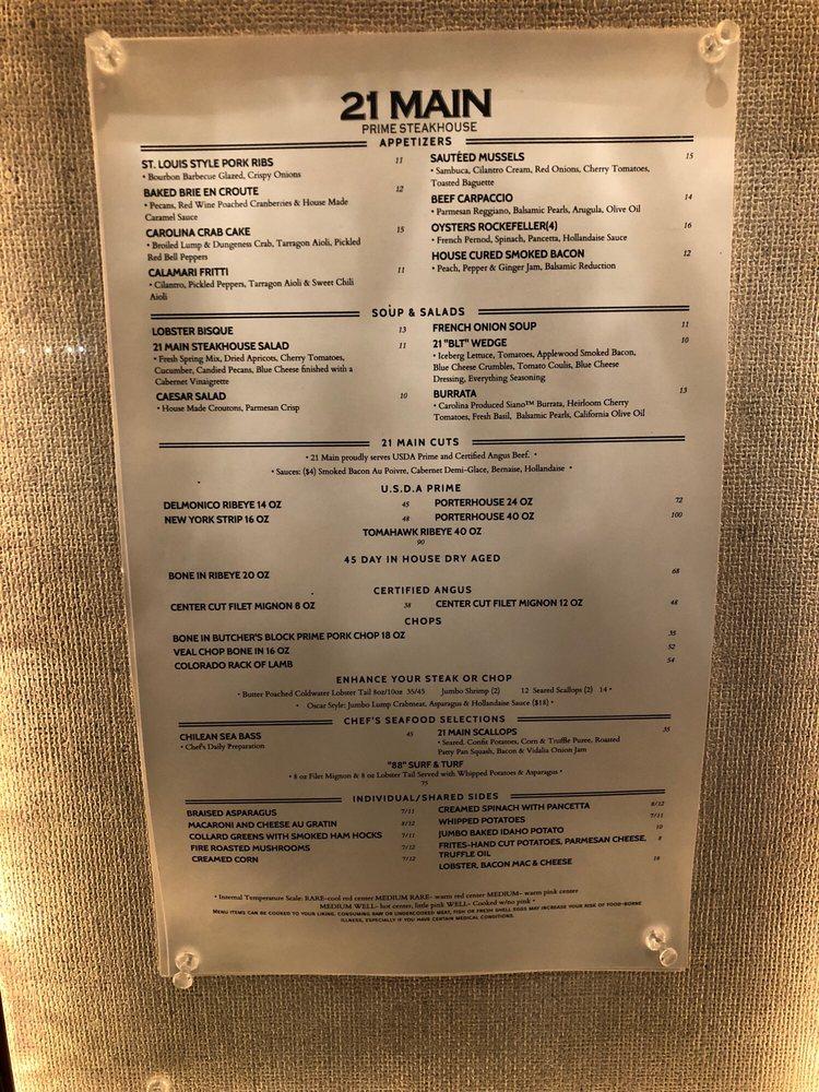 Menu at 21 Main At North Beach steakhouse, North Myrtle Beach