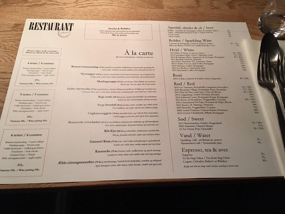 Menu at Cofoco restaurant, Copenhagen, Abel Cathrines Gade 7