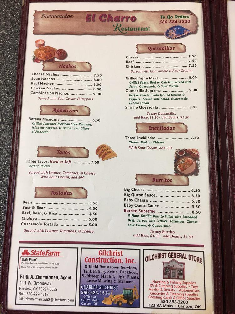 Menu at El Charro restaurant, Canton