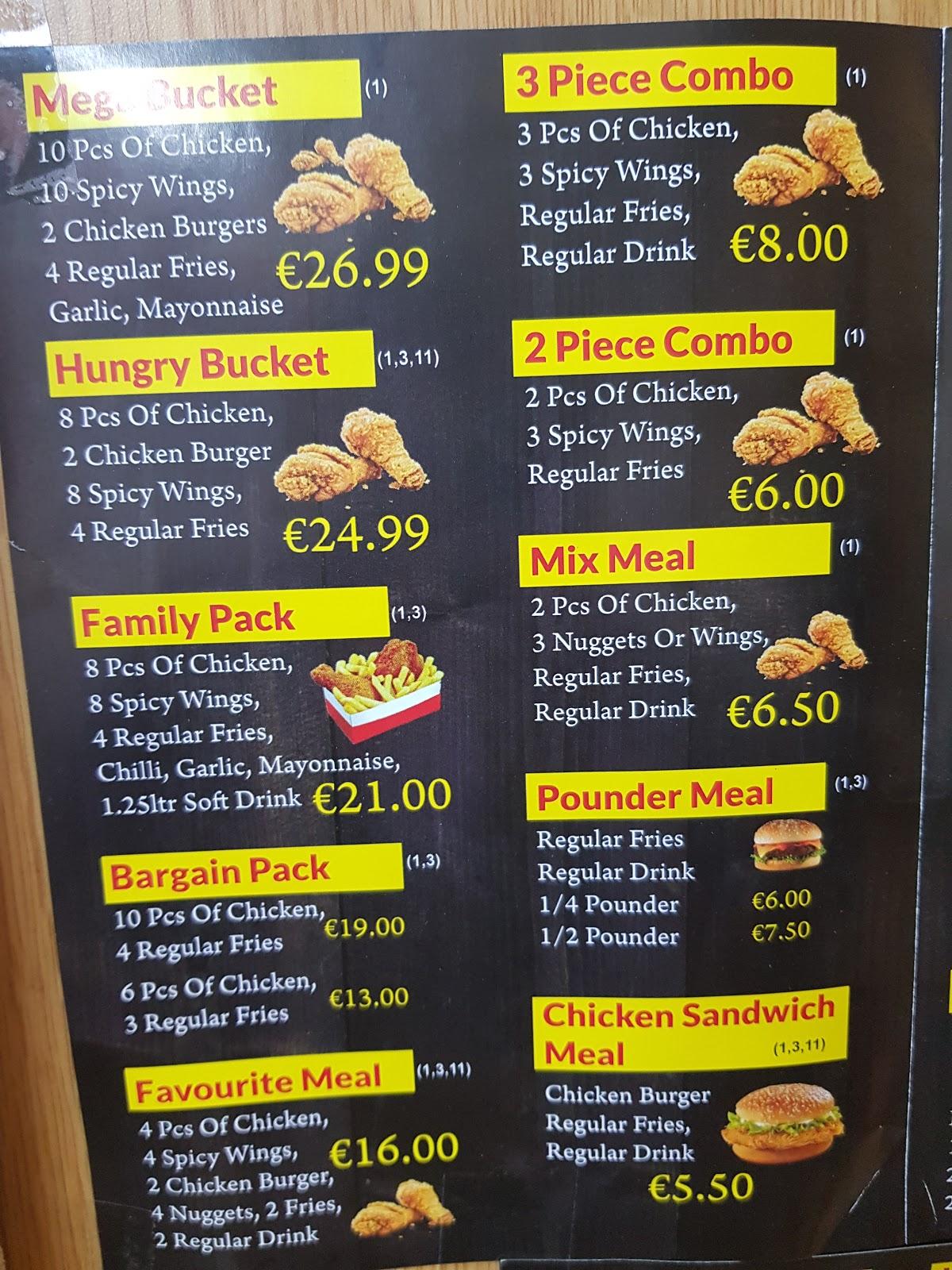 Menu at Favourite Fried Chicken restaurant, Dublin, Upper Clanbrassil St
