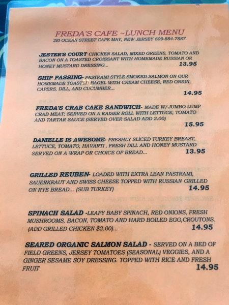 Menu at Freda's Cafe, Cape May, 210 Ocean St Apartment 1