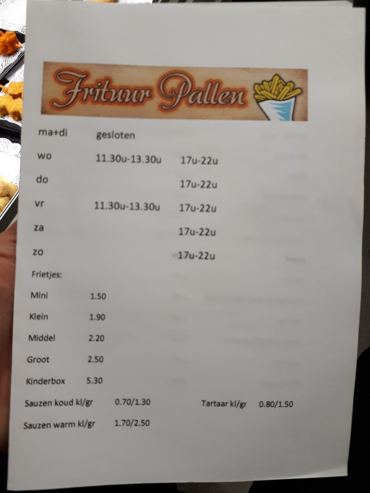 Menu at Frituur Pallen, Gingelom