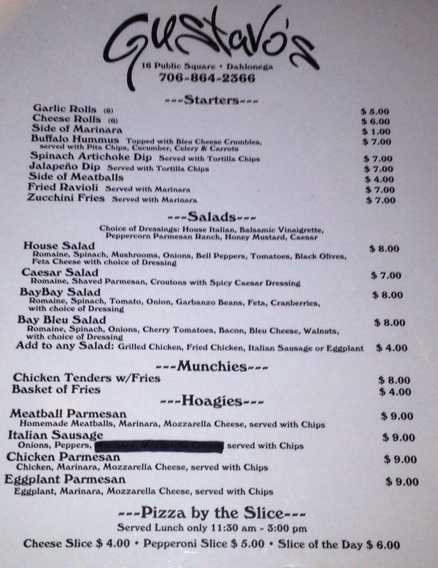 Menu at Gustavo's Scratch Kitchen pizzeria, Dahlonega