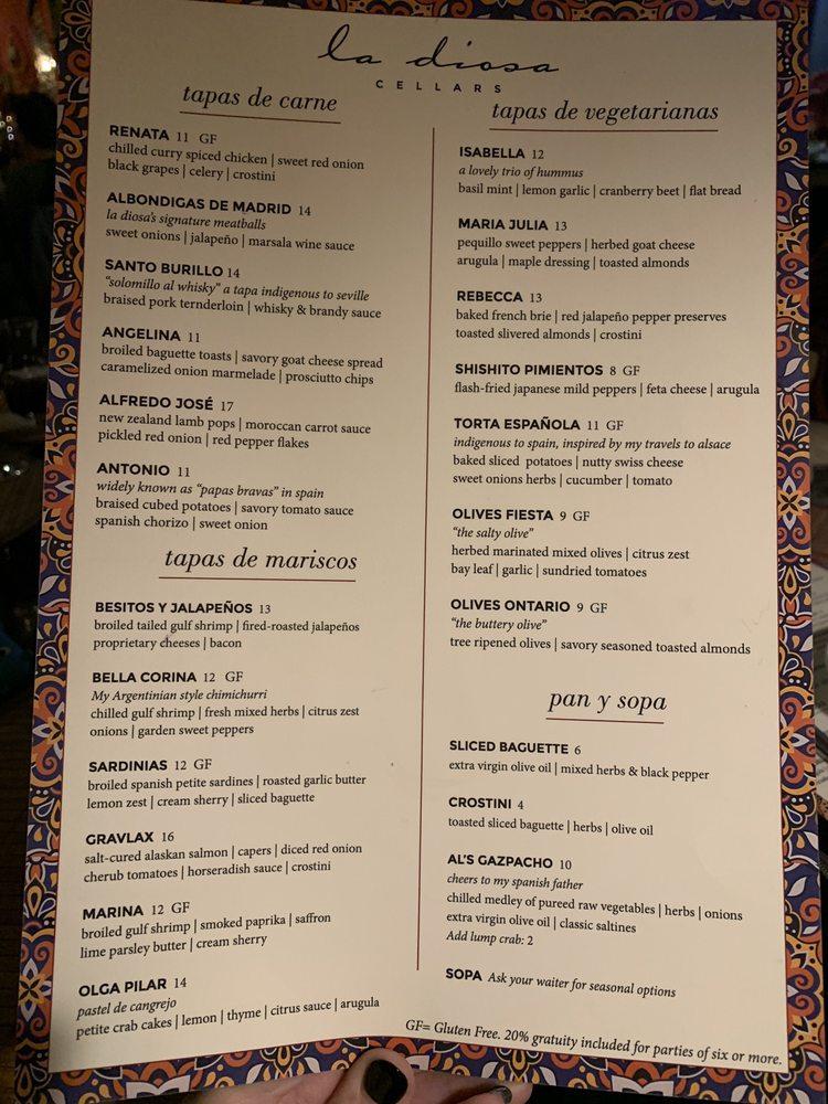 Carta del pub y bar La Diosa Cellars, Lubbock