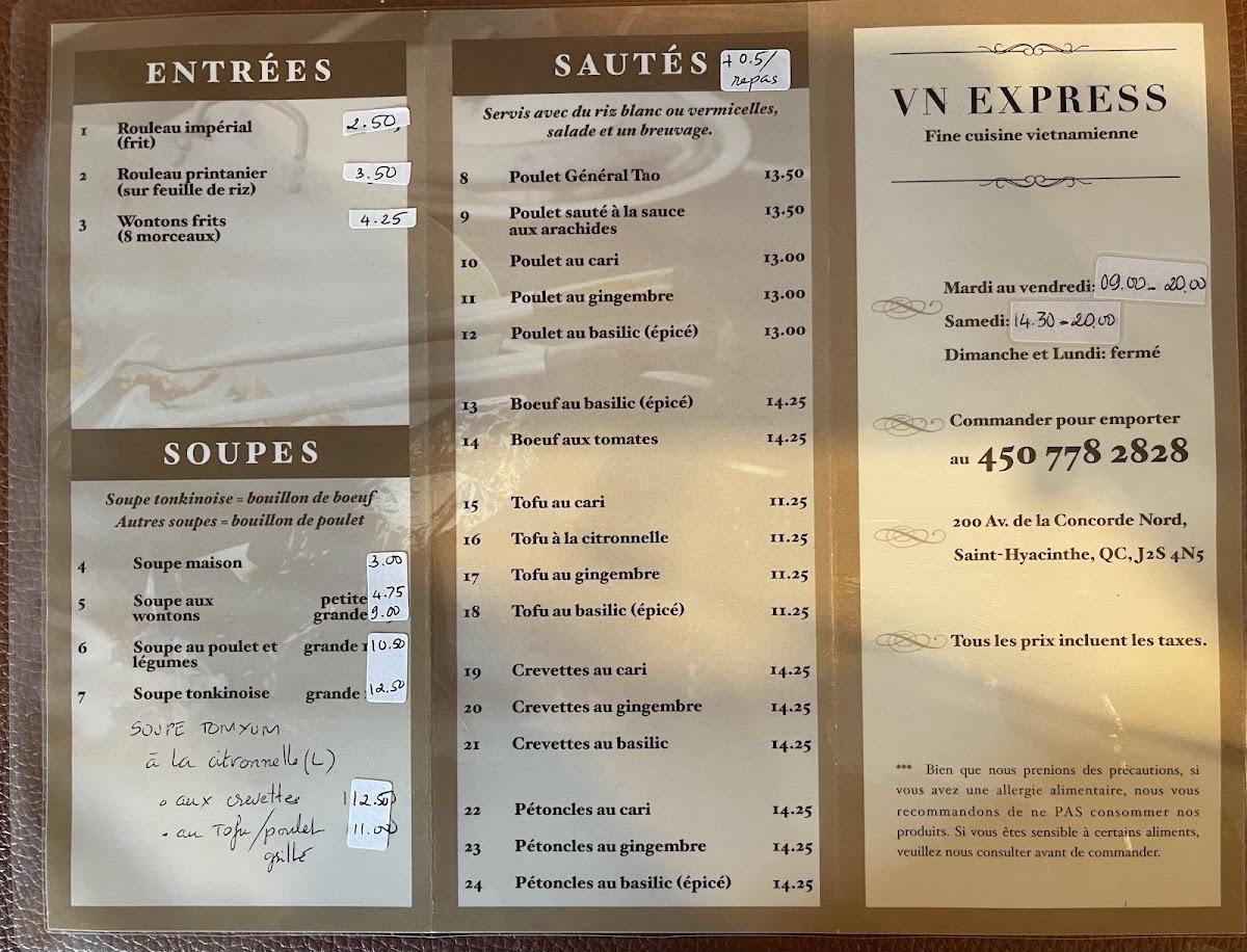 Menu au Restaurant vietnamien V.N. Express, Saint-Hyacinthe